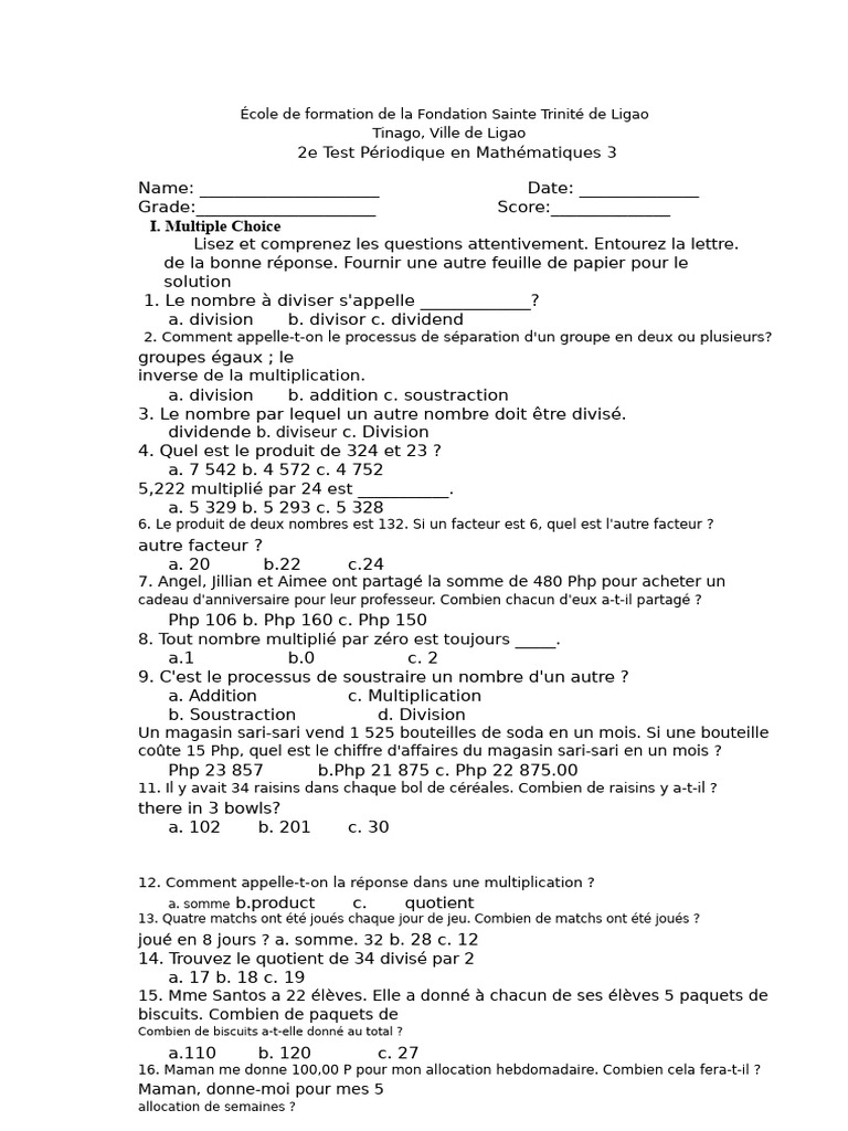 Test de Mathématiques pour Élèves de 3e | PDF | Multiplication ...