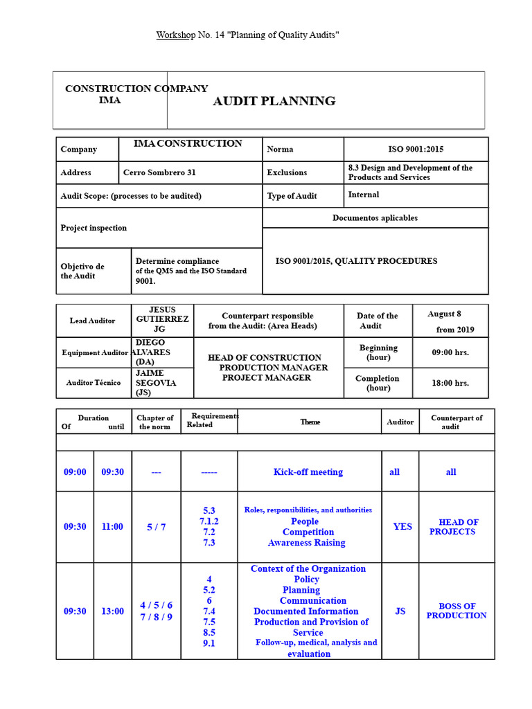 Workshop No. 14 Audit Planning | PDF | Audit | Accounting