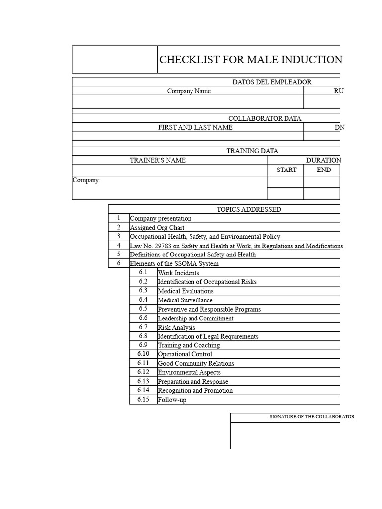 Male Induction Training Checklist | PDF | Occupational Safety And ...