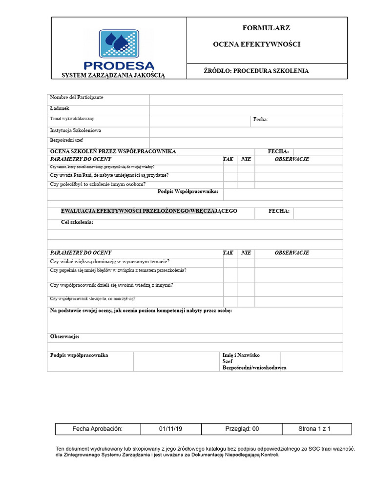 Formularz Oceny Skuteczności | PDF