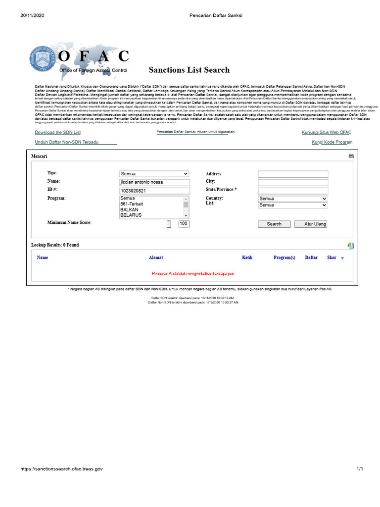 Pencarian Daftar Sanksi OFAC 2020 | PDF