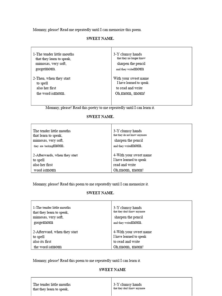 Poem for Memorization: Sweet Name | PDF