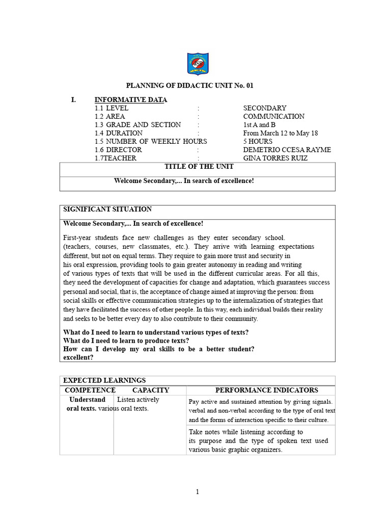 Didactic Unit No. O1 Communication Secondary1 Ccesa007 | PDF ...