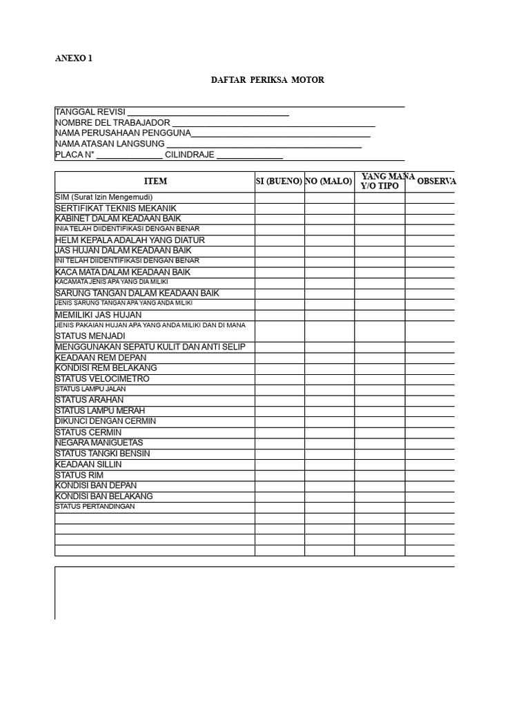 Daftar Periksa Inspeksi Motor Lengkap | PDF