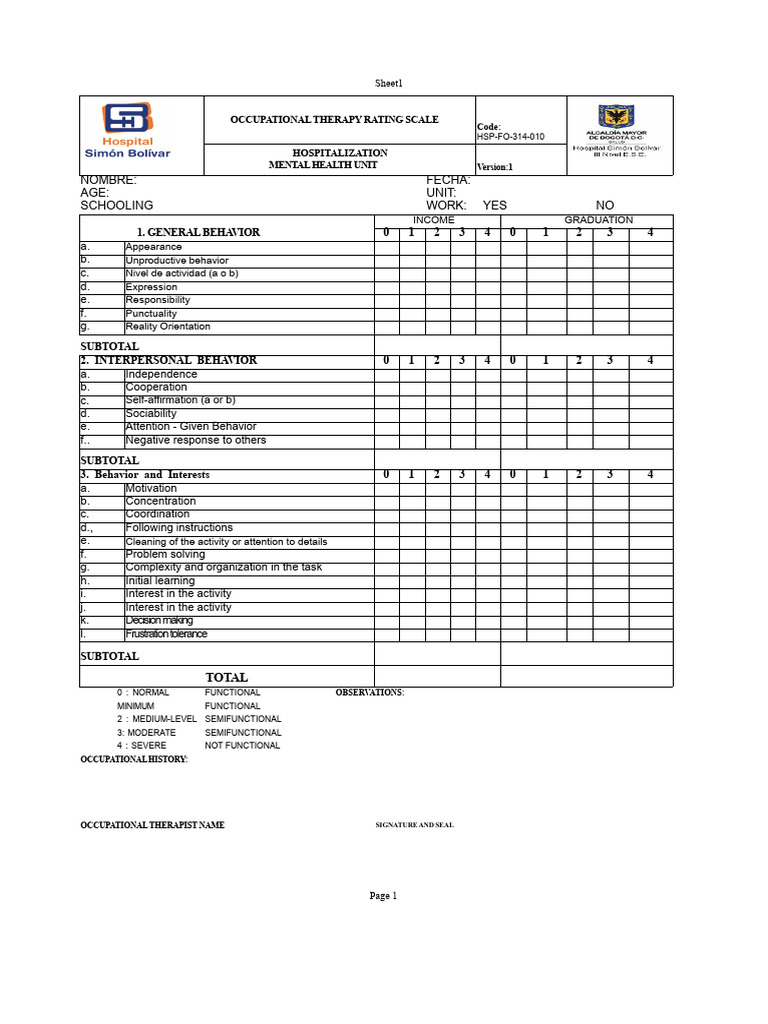 HSP-FO-314-010 Occupational Therapy Assessment Scale | PDF