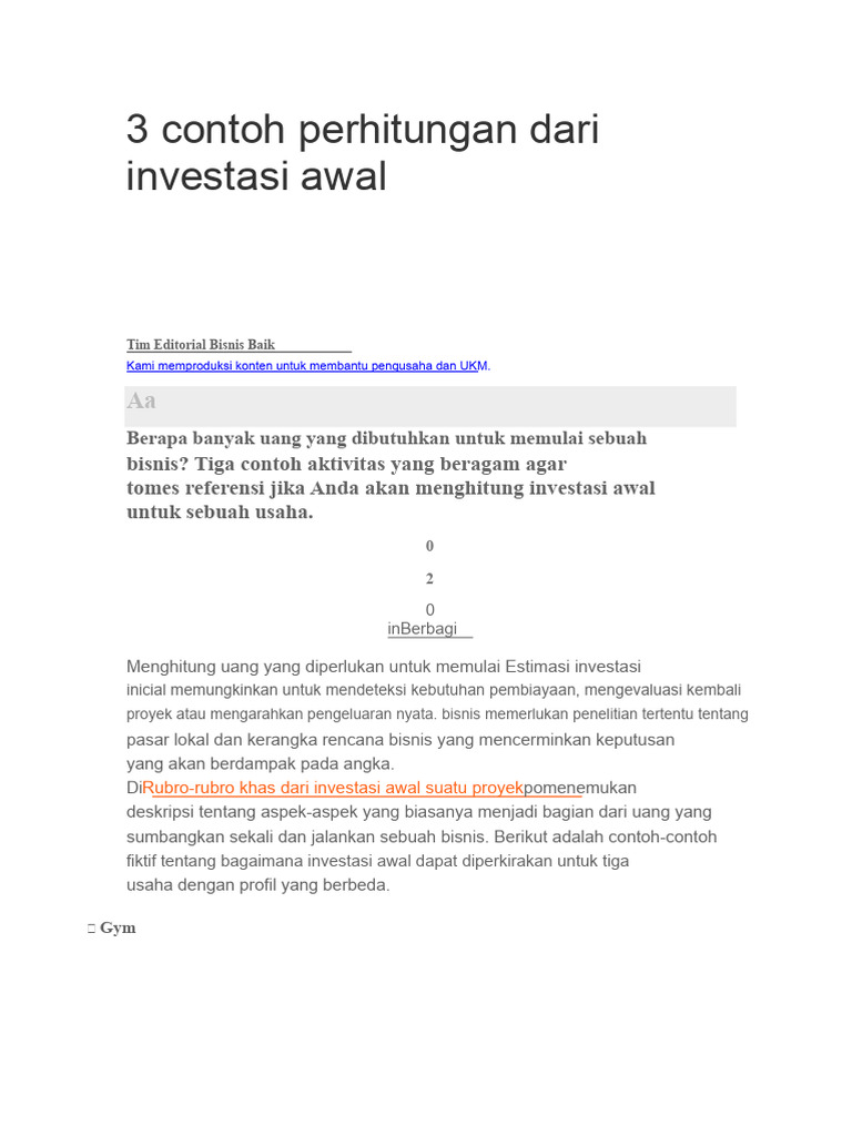 Contoh Perhitungan Investasi Awal Bisnis | PDF
