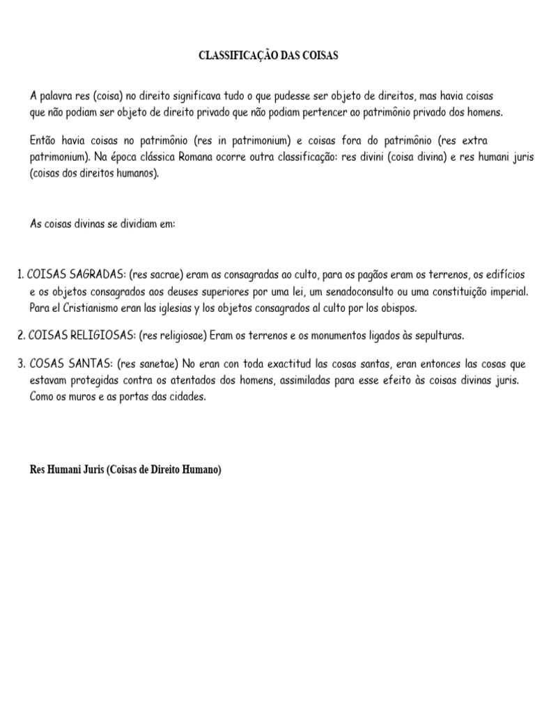 Classificação Das Coisas | PDF | Posse (jurídico) | Propriedade privada