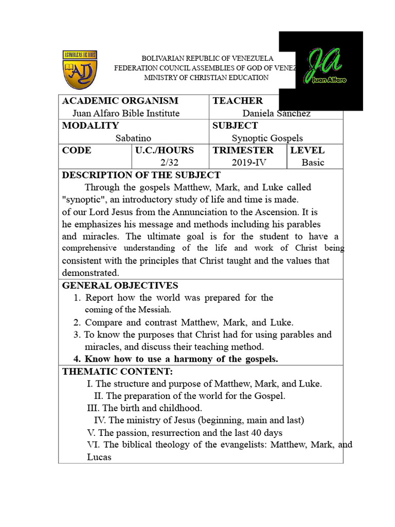 Synoptic Gospels Evaluation Plan | PDF | Jesus | Gospel Of Mark