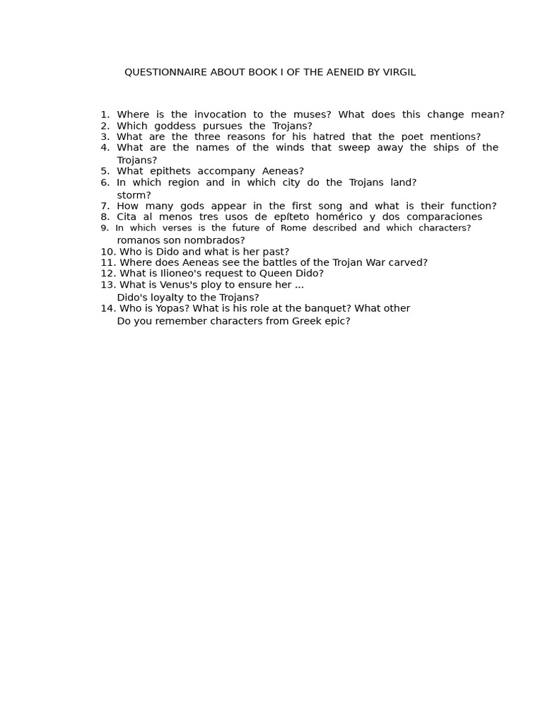 Questionnaire About Book I of The Aeneid | PDF | Aeneid | Aeneas