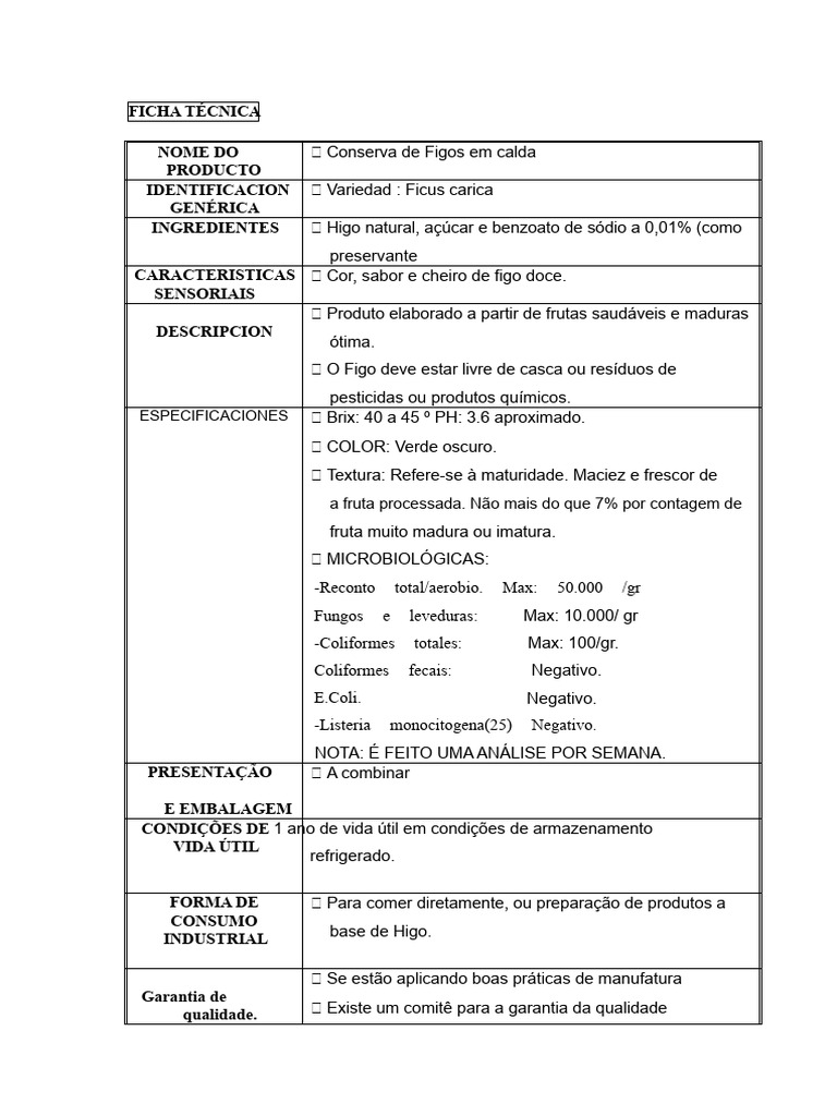 Conserva de Figos em Calda: Ficha Técnica | PDF