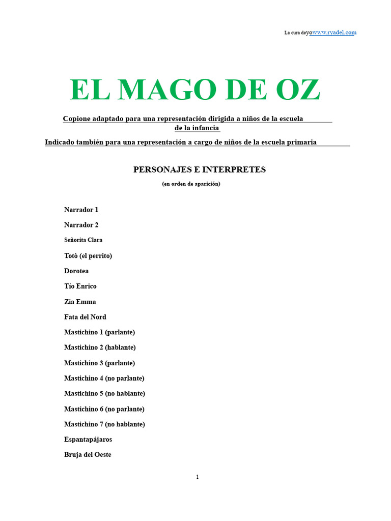 MAGO DE OZ Guion Obra de Teatro | PDF | Wizard Of Oz (Personaje)