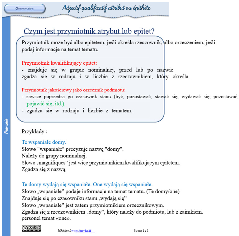 Przymiotnik Kwalifikujący, Atrybut, Epitet, Lekcja | PDF