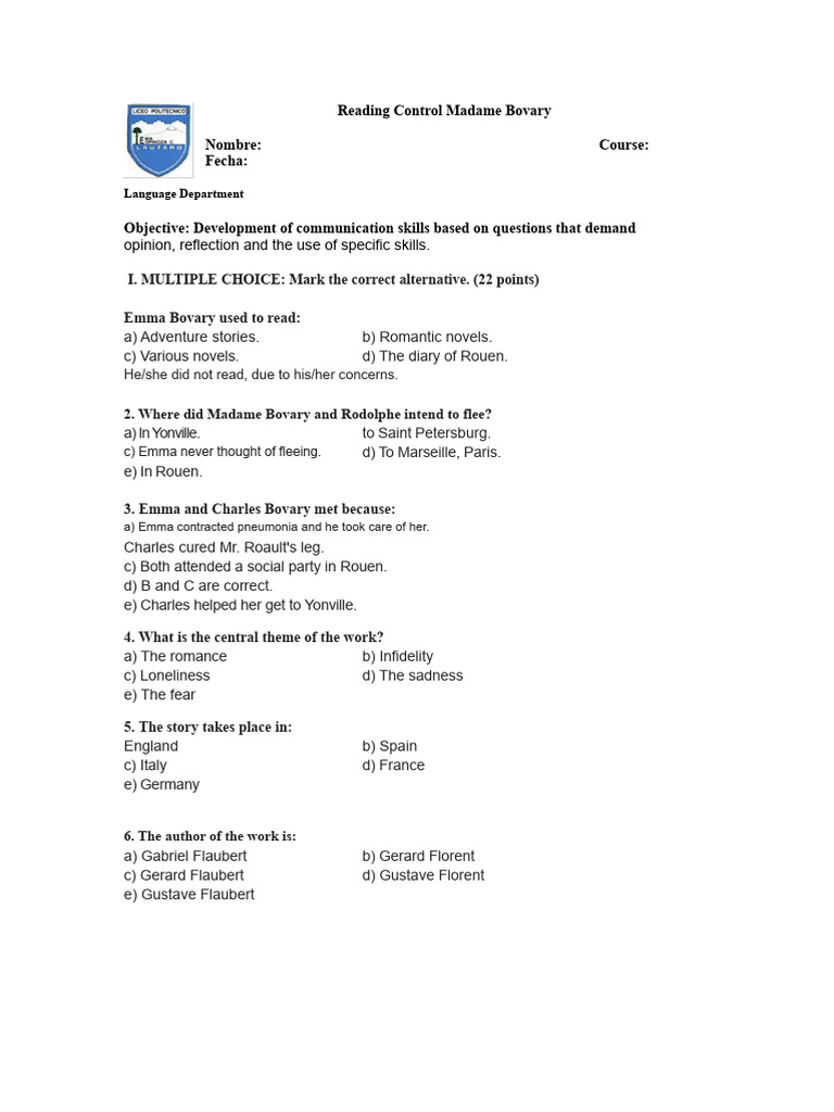 Madame Bovary Reading Control Quiz | PDF | Madame Bovary | Gustave Flaubert