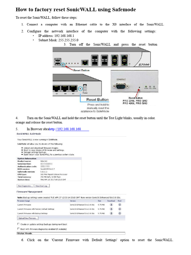 How To Reset SonicWALL To Factory Default Using Safemode | PDF