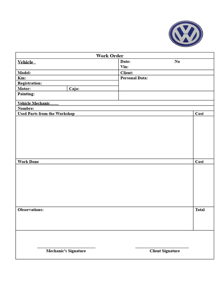 Vehicle Work Order Template | PDF