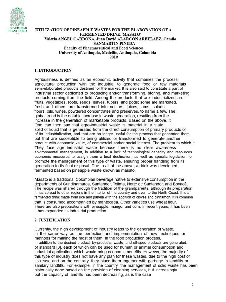 Pineapple Waste Fermented Drink Masato | PDF | Fermentation In ...