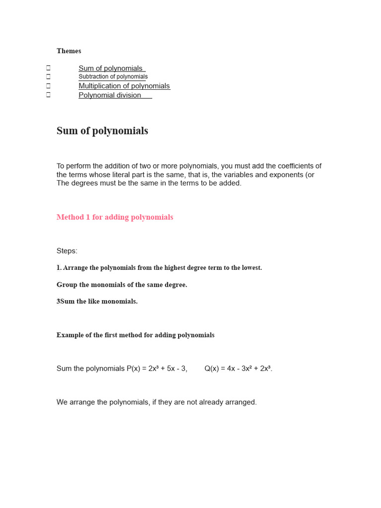 Polynomials Addition Subtraction Multiplication and Division | PDF ...