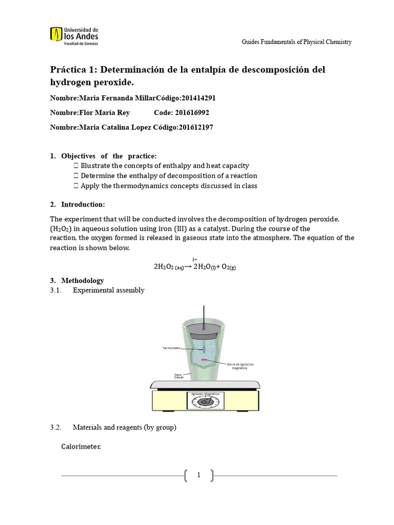 Practice 1 - Determination of The Enthalpy of Decomposition of Hydrogen ...