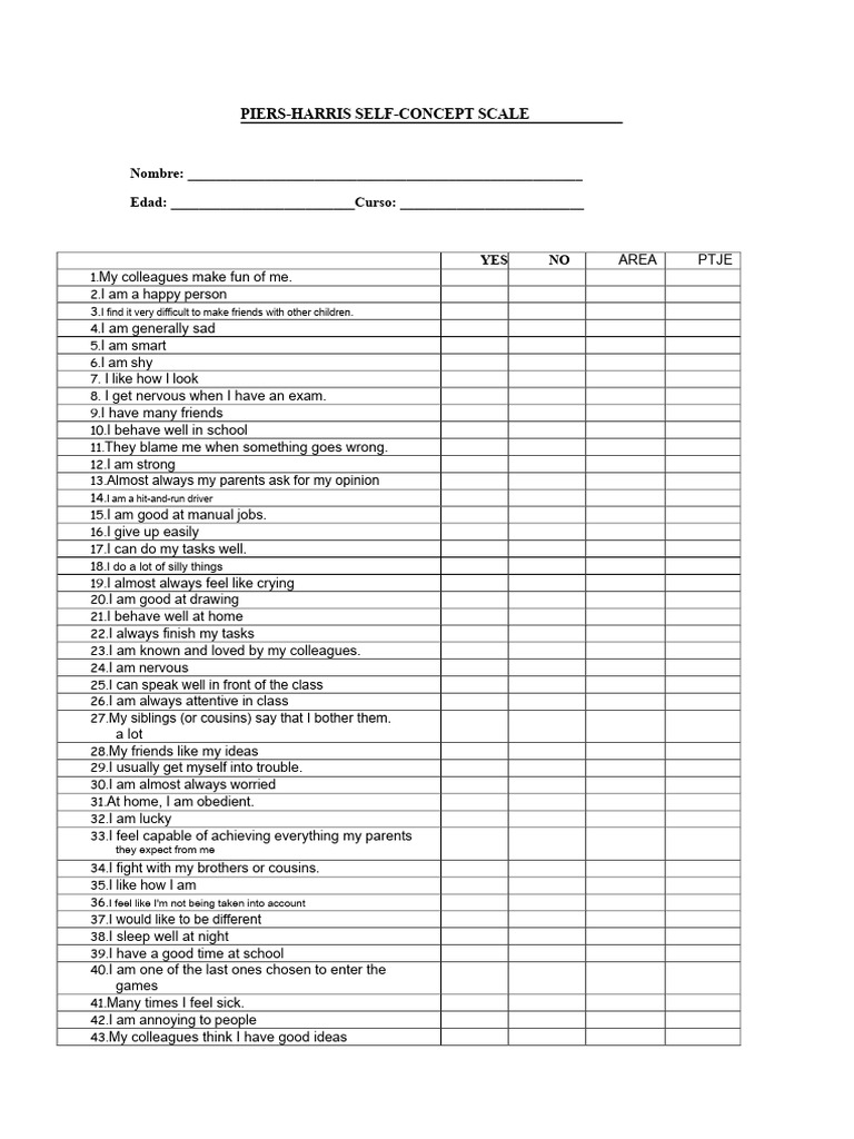 Piers-Harris Self-Concept Scale Questionnaire | PDF | Self Concept ...