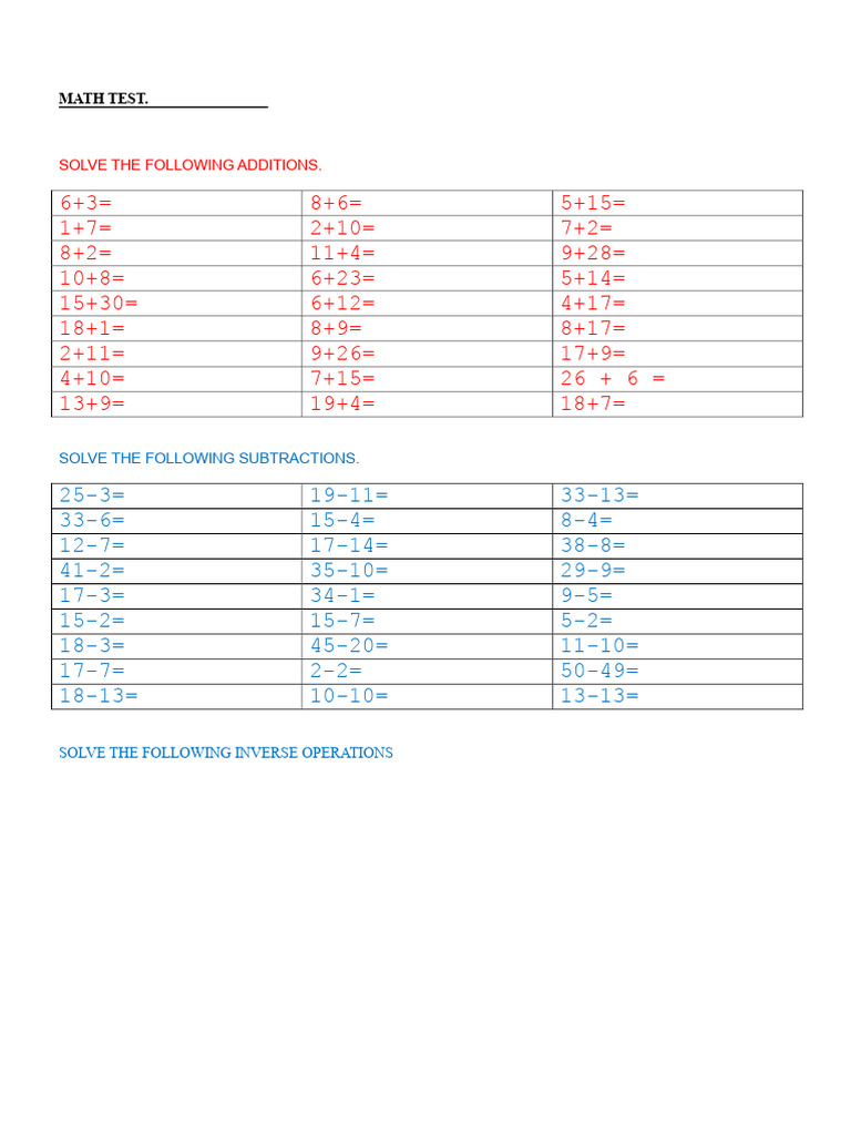 Mathematics Test On Addition and Subtraction Inverse | PDF
