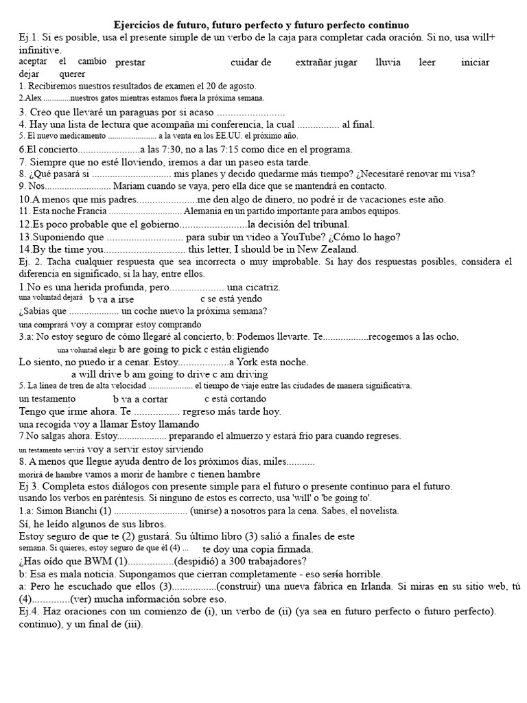 Ejercicios de Futuro Perfecto y Futuro Perfecto Continuo | PDF