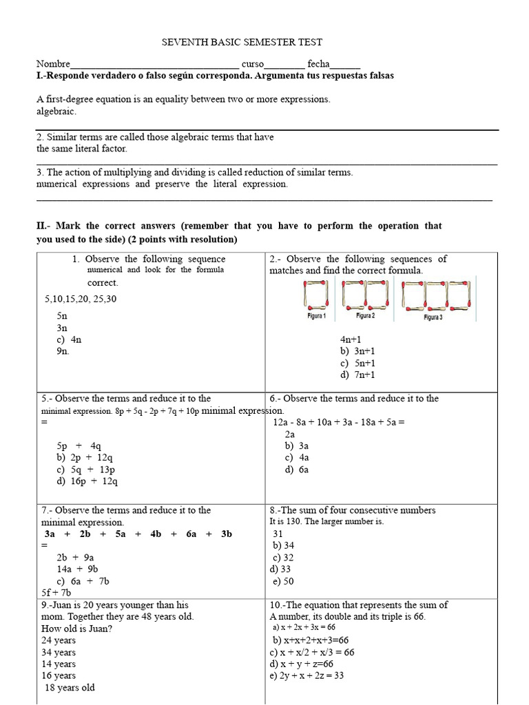 Seventh Grade Algebra Test | PDF | Equations | Numbers
