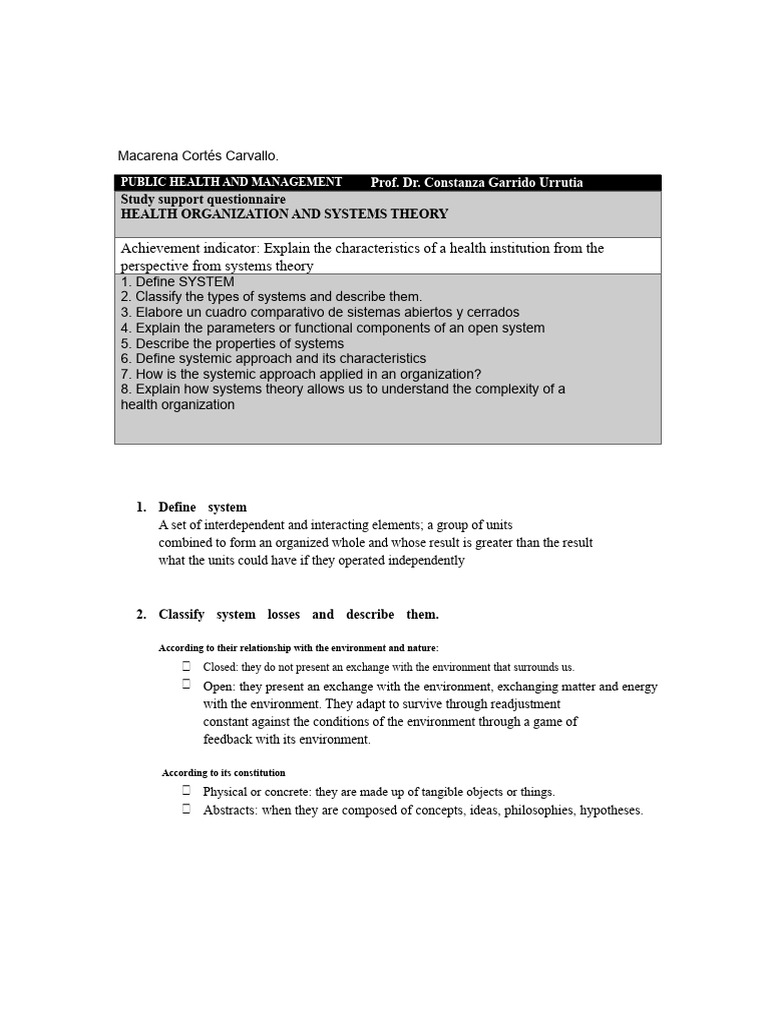 Questionnaire 1 Systems Theory | PDF | System | Systems Theory