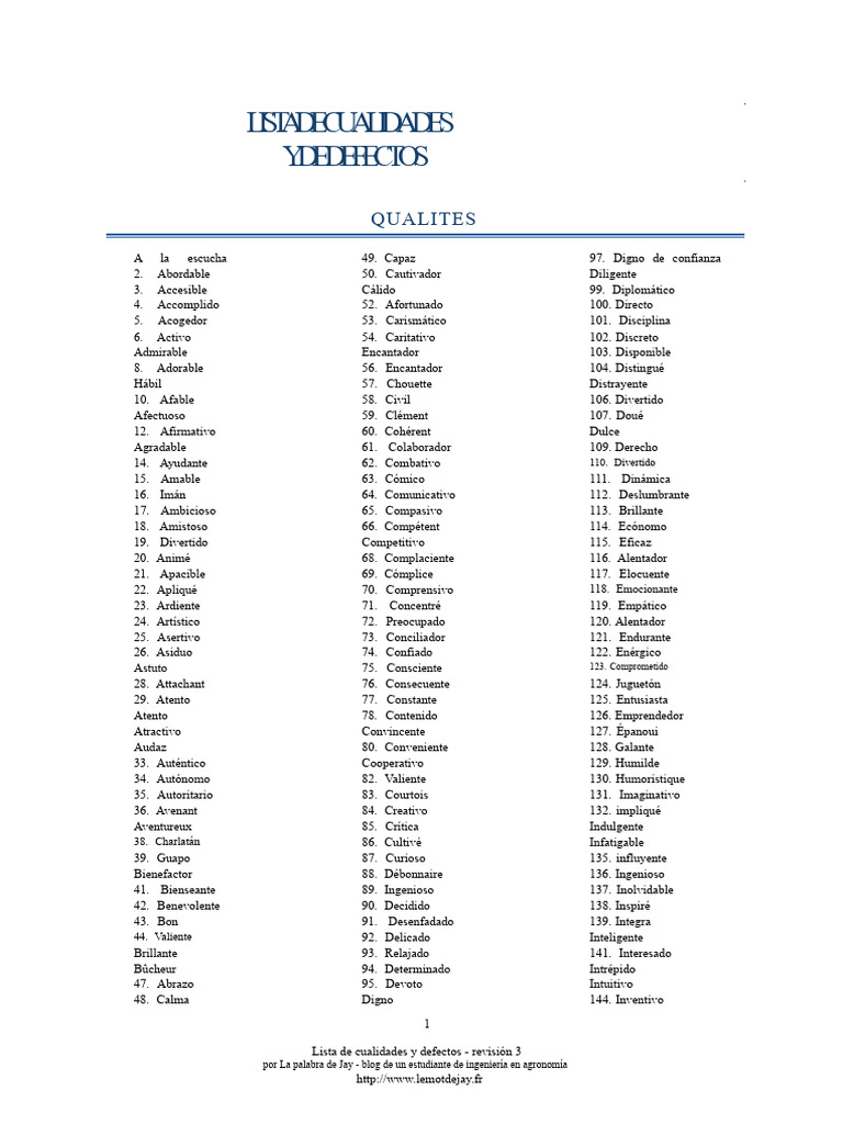 Lista de Cualidades y Defectos | PDF