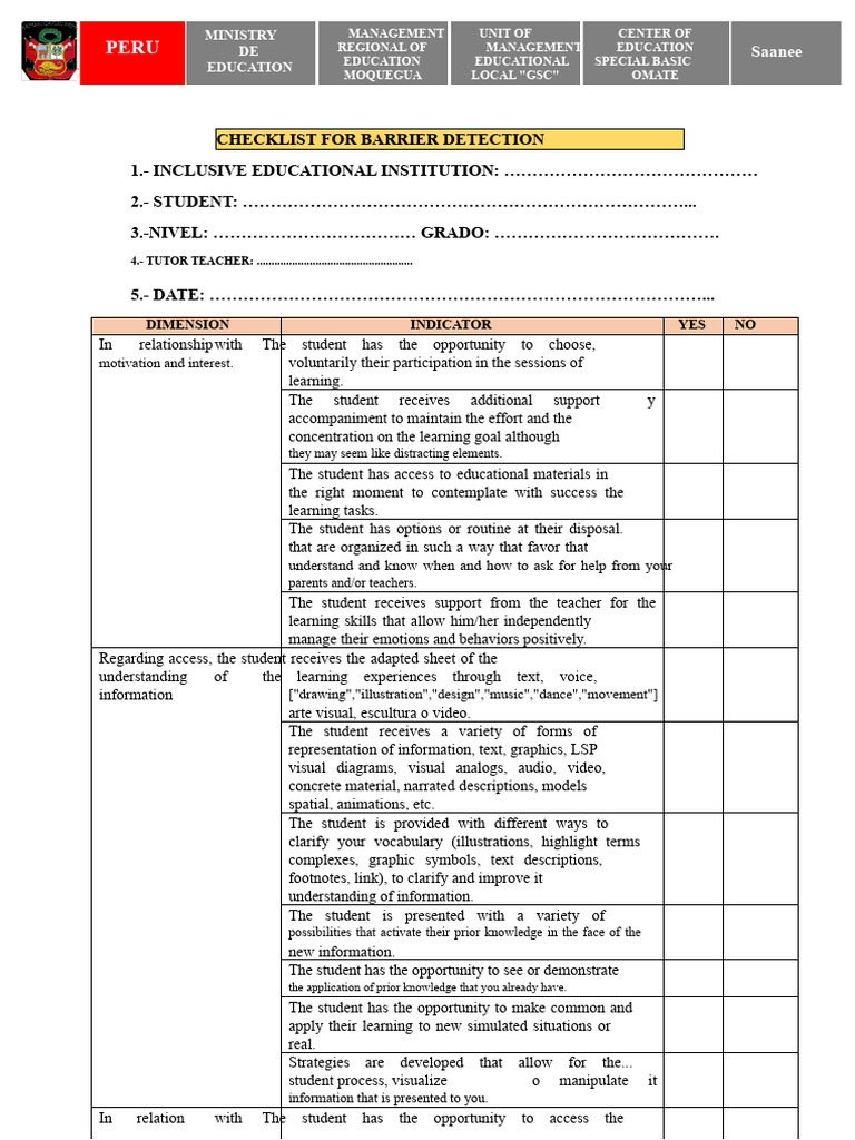 Checklist for Inclusive Education Barriers | PDF | Learning | Information