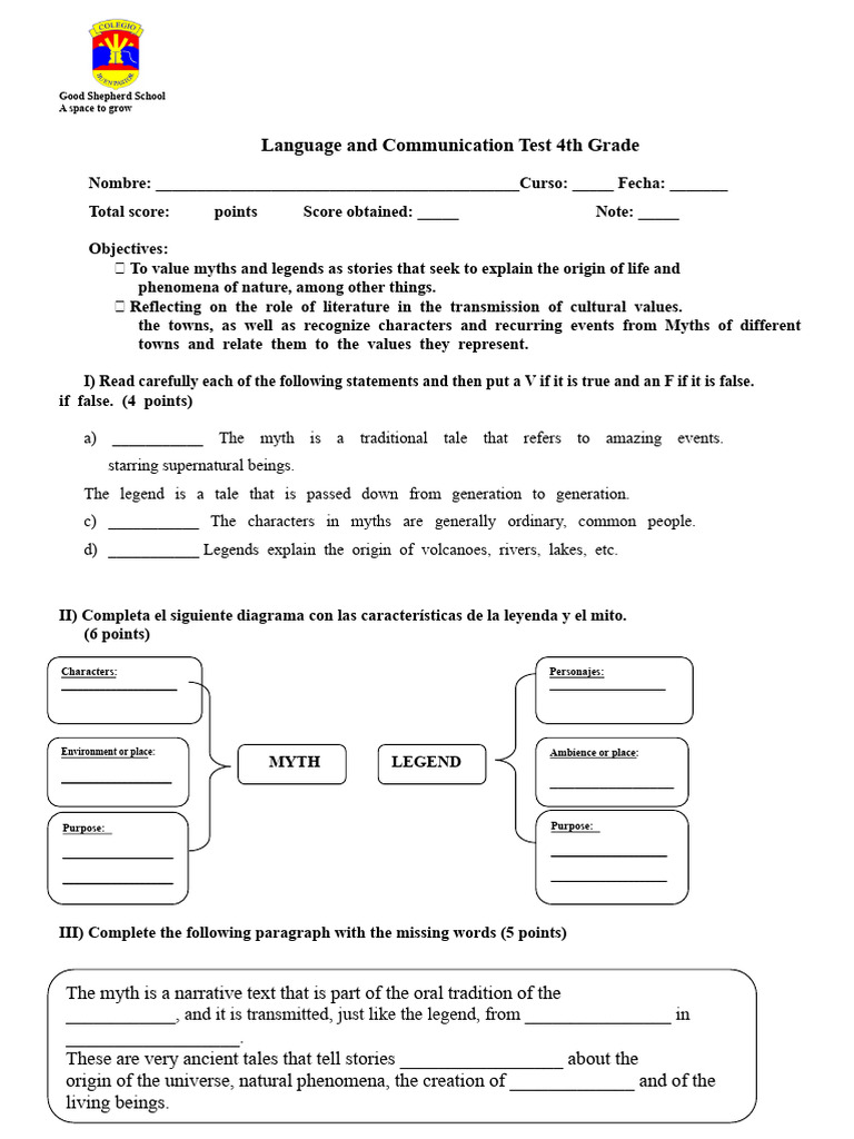 4th Grade Language Test on Myths and Legends | PDF