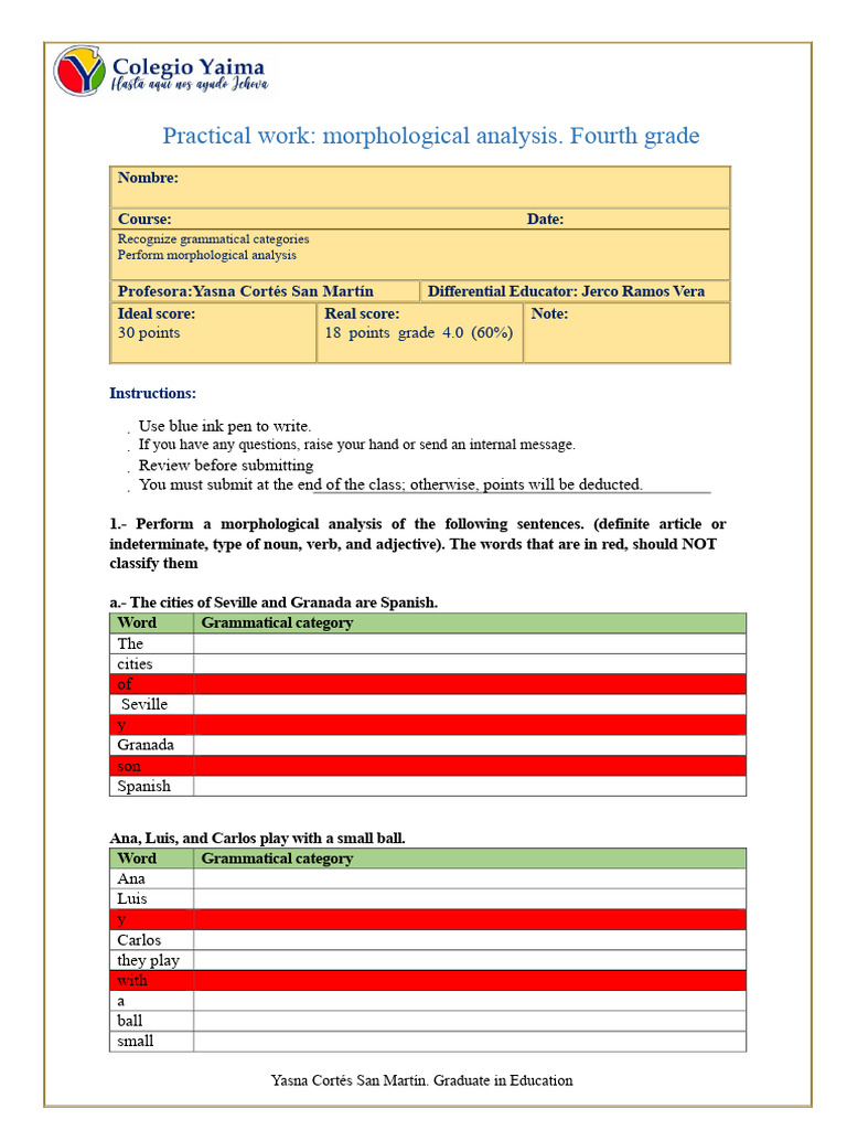 Practical Work. Morphological Analysis. Fourth Grade | PDF | Word ...