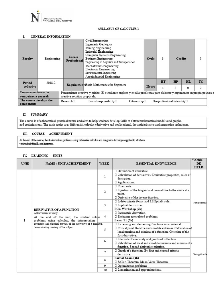 Syllabus Calculus 1 2018 2 | PDF | Integral | Calculus