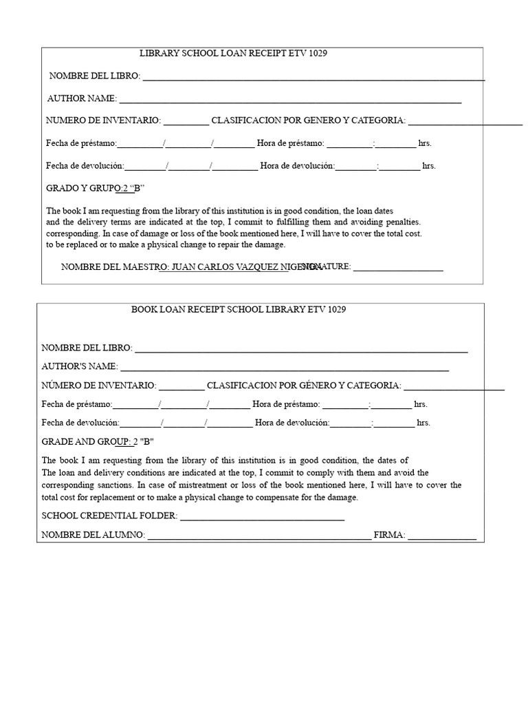 Library Book Loan Voucher School Etv 1029 | PDF