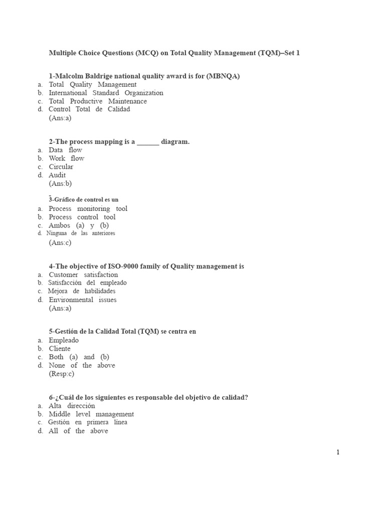mcqs de tqm | PDF | Quality Management | Quality