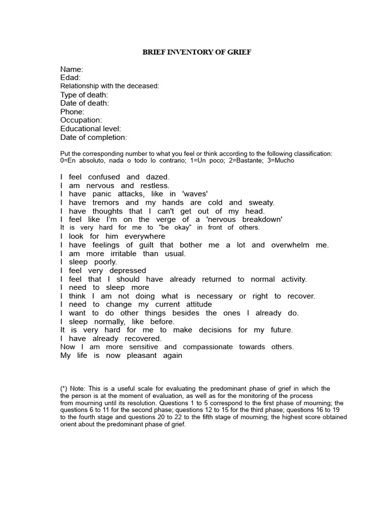 Grief Inventory Assessment Tool | PDF