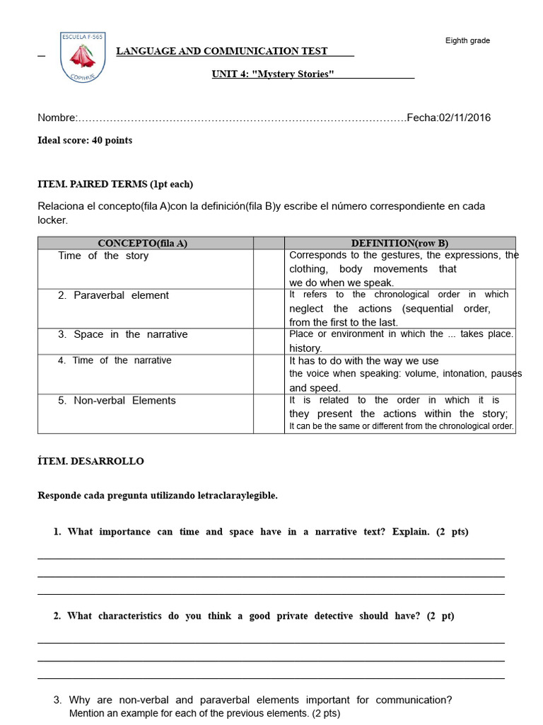 Language and Communication Test Eighth Unit 4 | PDF | Nonverbal ...