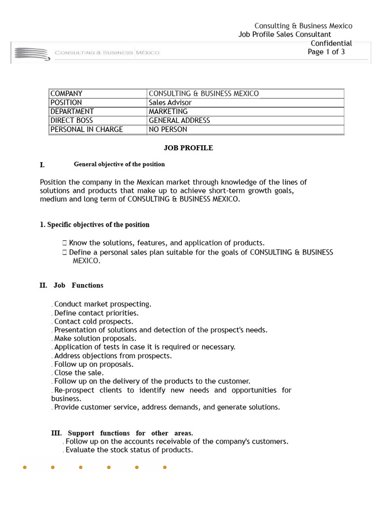 Job Profile Example | PDF | Sales | Business