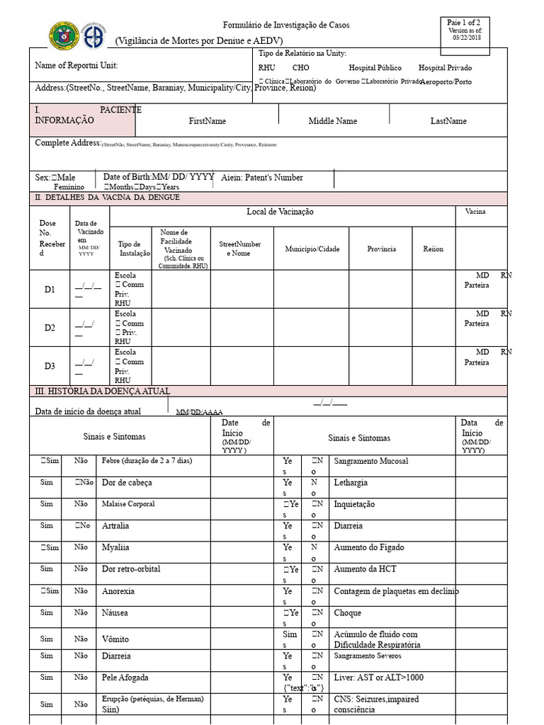 Formulário de Investigação de Caso de Morte Por Dengue (CIF) | PDF ...
