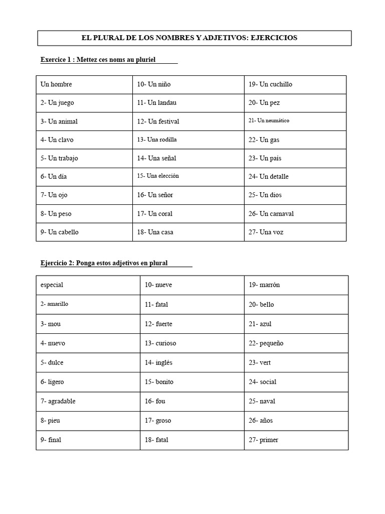 Ejercicios de Plural en Nombres y Adjetivos | PDF