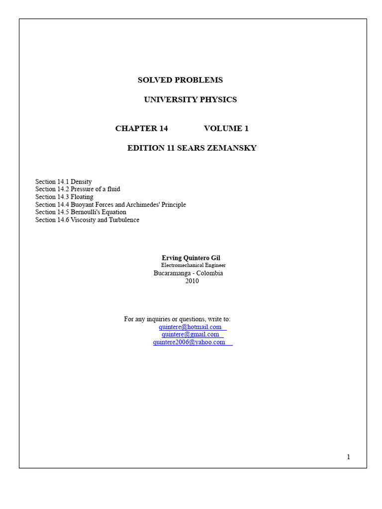 Solved Problems Chapter 14 Physics Sears Zemansky | PDF | Pressure | Pressure Measurement