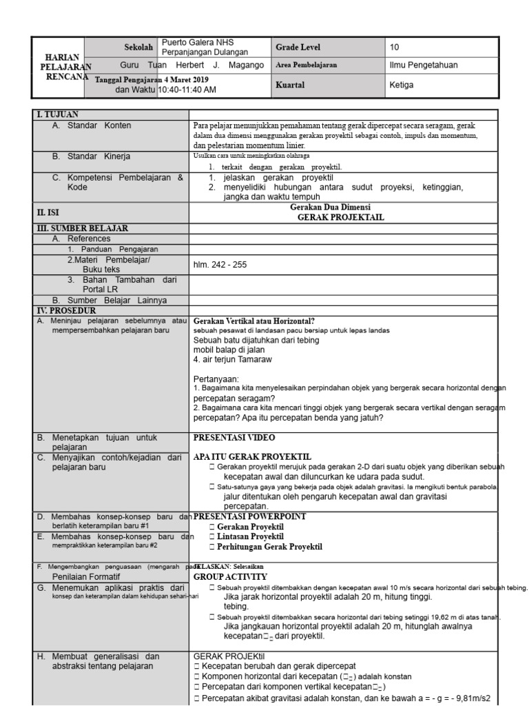 Rencana Pelajaran Gerak Proyektil Grade 10 | PDF