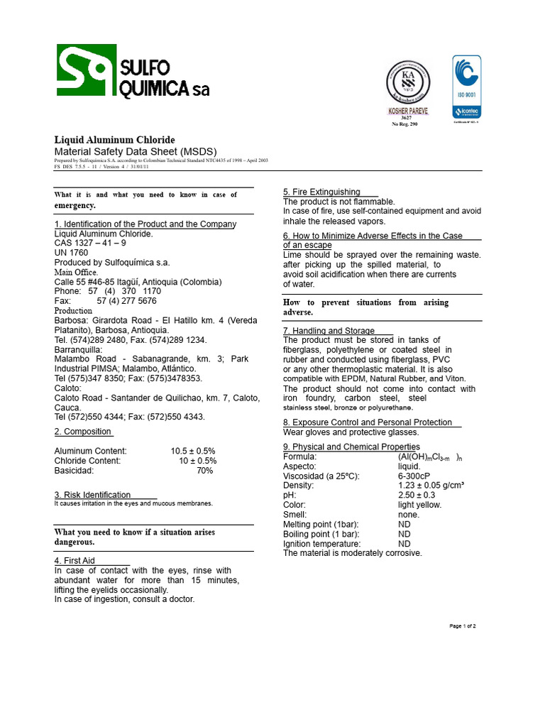 Liquid Aluminum Chloride MSDS Guide | PDF | Fiberglass | Thermoplastic