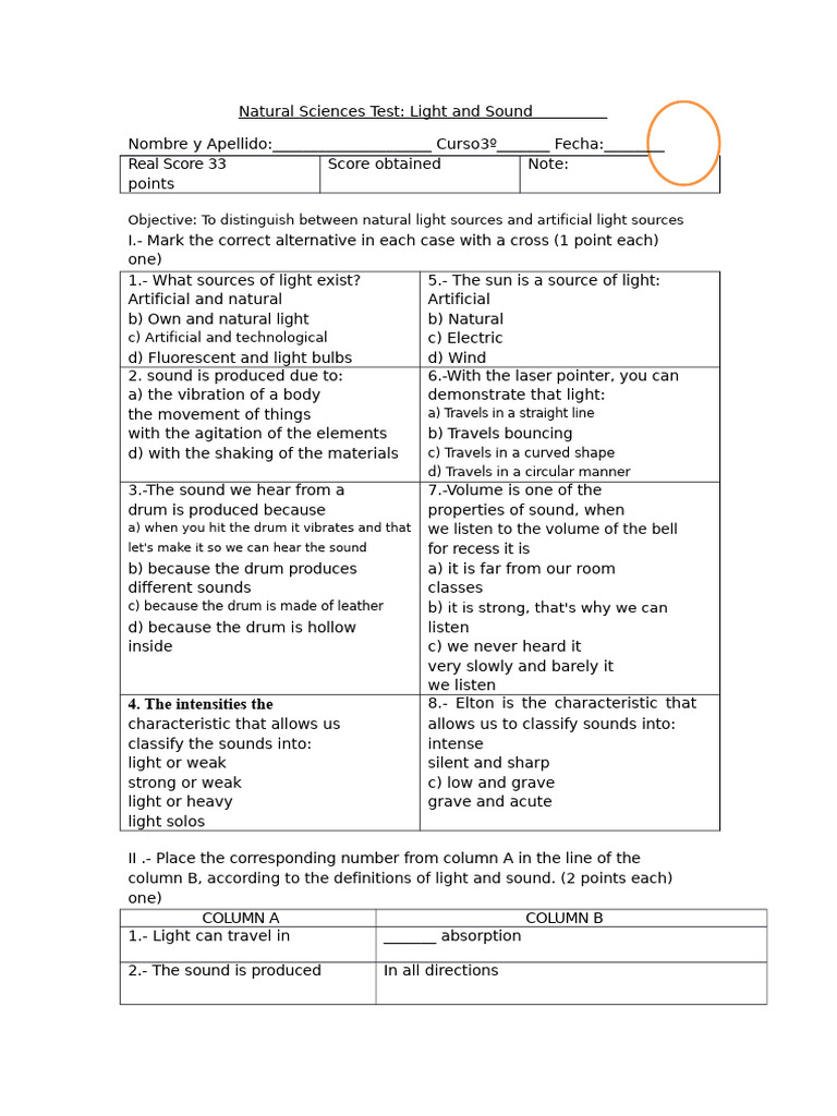 Natural Sciences Test Light and Sound 3rd Grade | PDF | Light | Sound