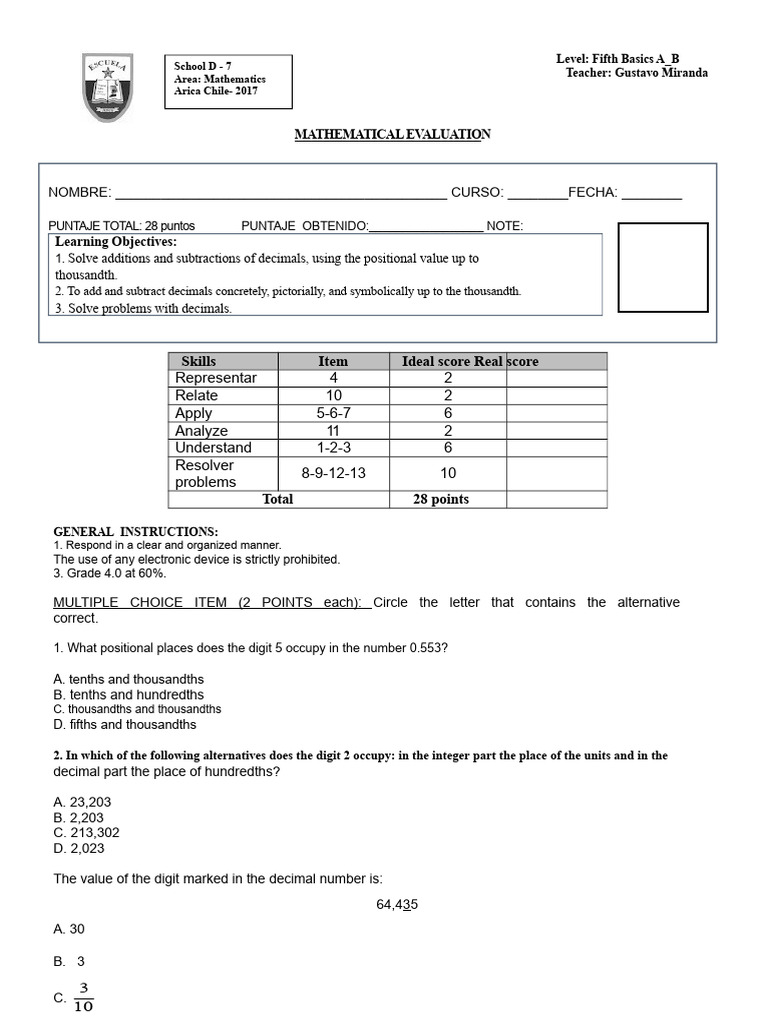 Fifth Grade Decimal Math Evaluation | PDF | Numbers | Subtraction
