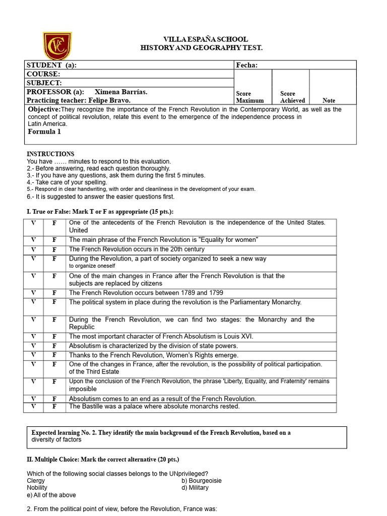 Test 1st Year of High School Form 1. | PDF | French Revolution ...