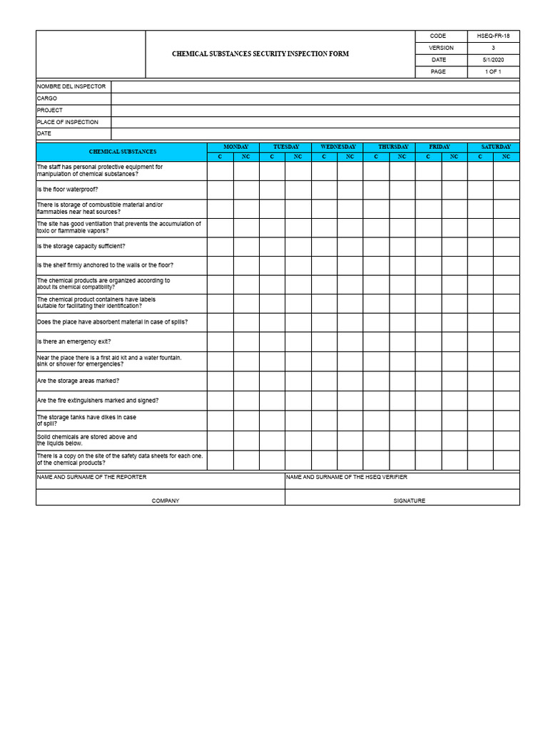 Chemical Substances Safety Inspection Format | PDF