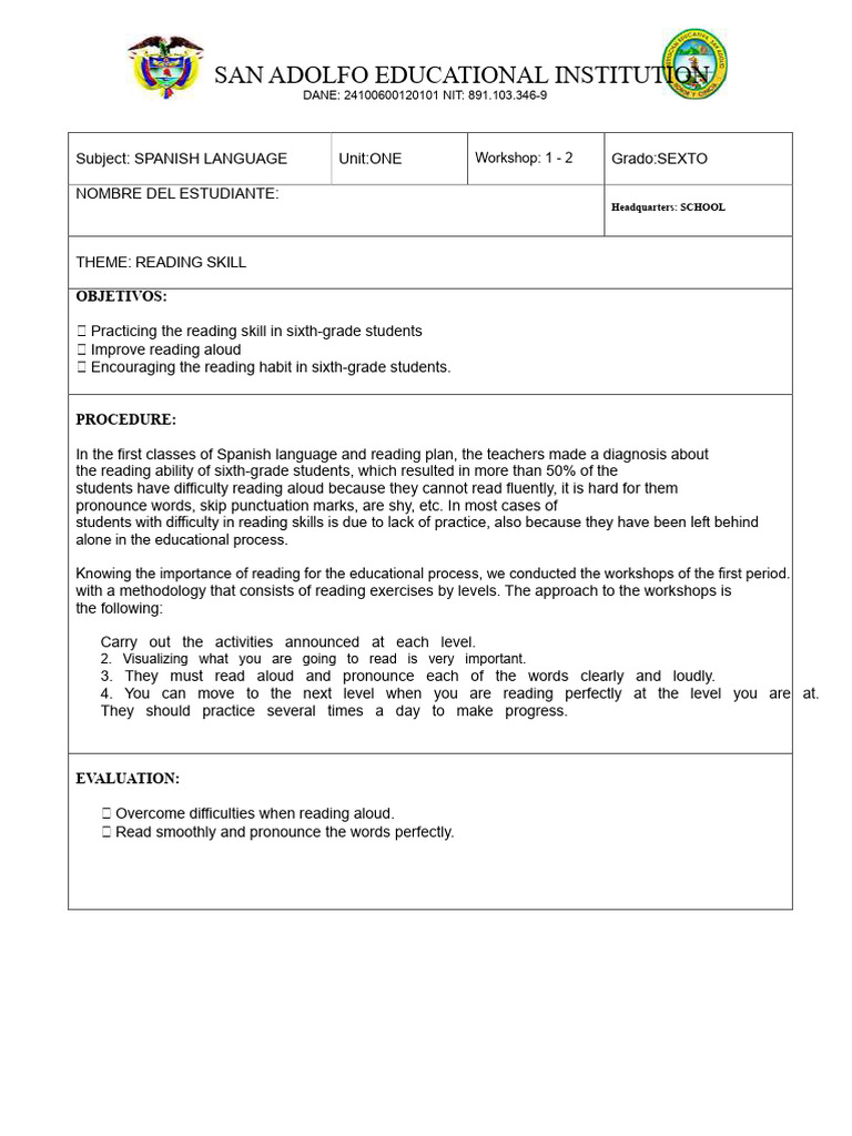 Sixth Grade Spanish Language Unit 1 Workshop 1 | PDF | Written ...
