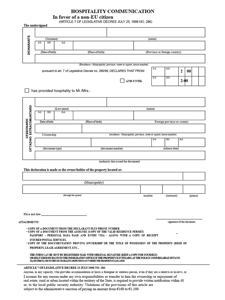 Hospitality Declaration for Non-EU Citizens | PDF | Passport ...