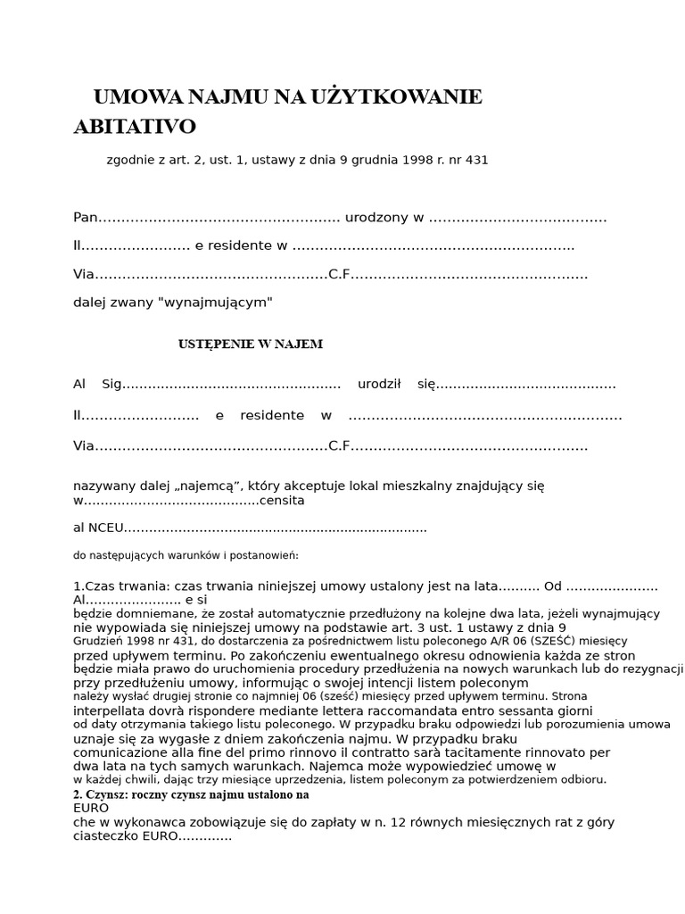 Umowa Najmu Na Cele Mieszkalne | PDF