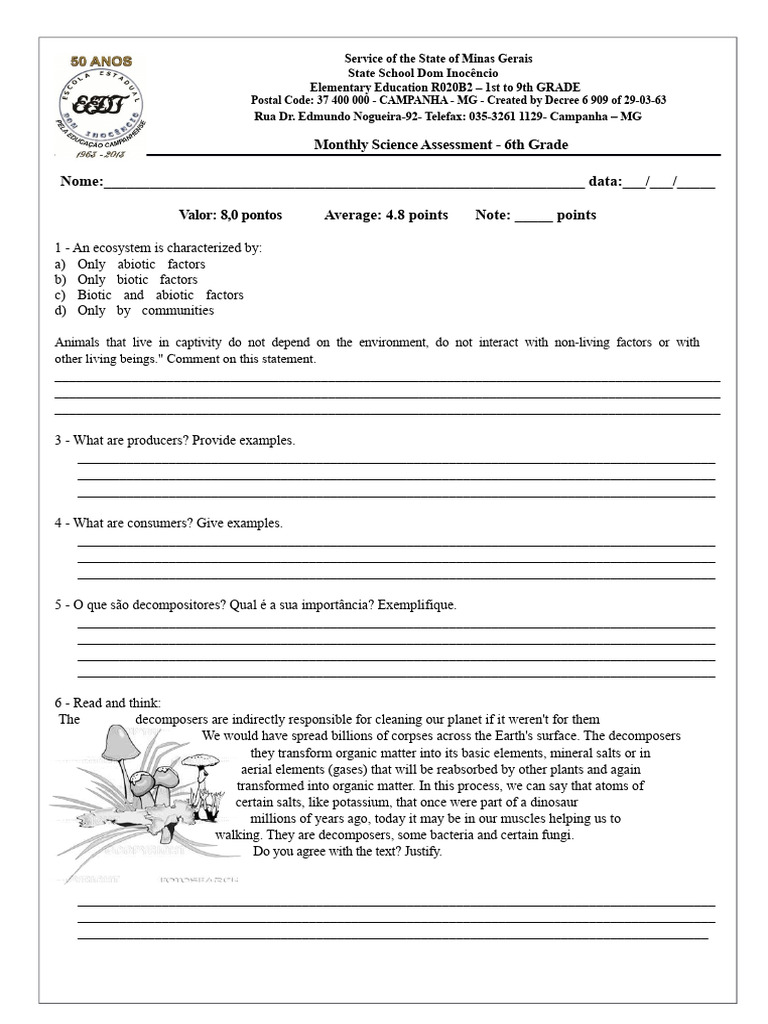 Monthly Science Assessment 6th Grade | PDF | Ecosystem | Foods